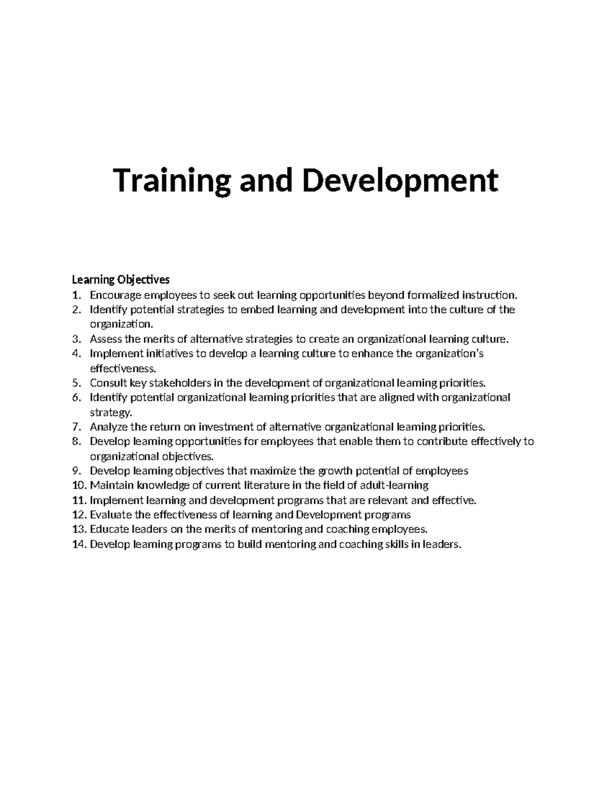 Training and Development Learning Objectives and Strategies - Studocu