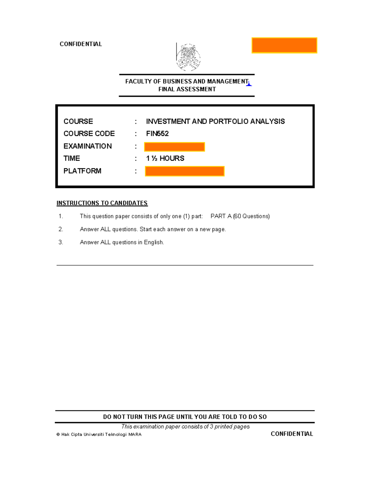 FIN552 Final Assessment: Investment & Portfolio Analysis Exam Feb 2022 ...