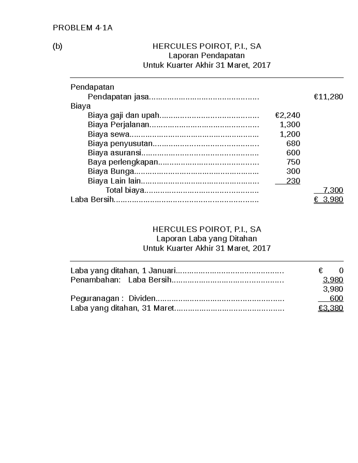 P 4 1a - P4-1a - PROBLEM 4-1A (b) HERCULES POIROT, P., SA Laporan Pendapatan Untuk Kuarter Akhir ...
