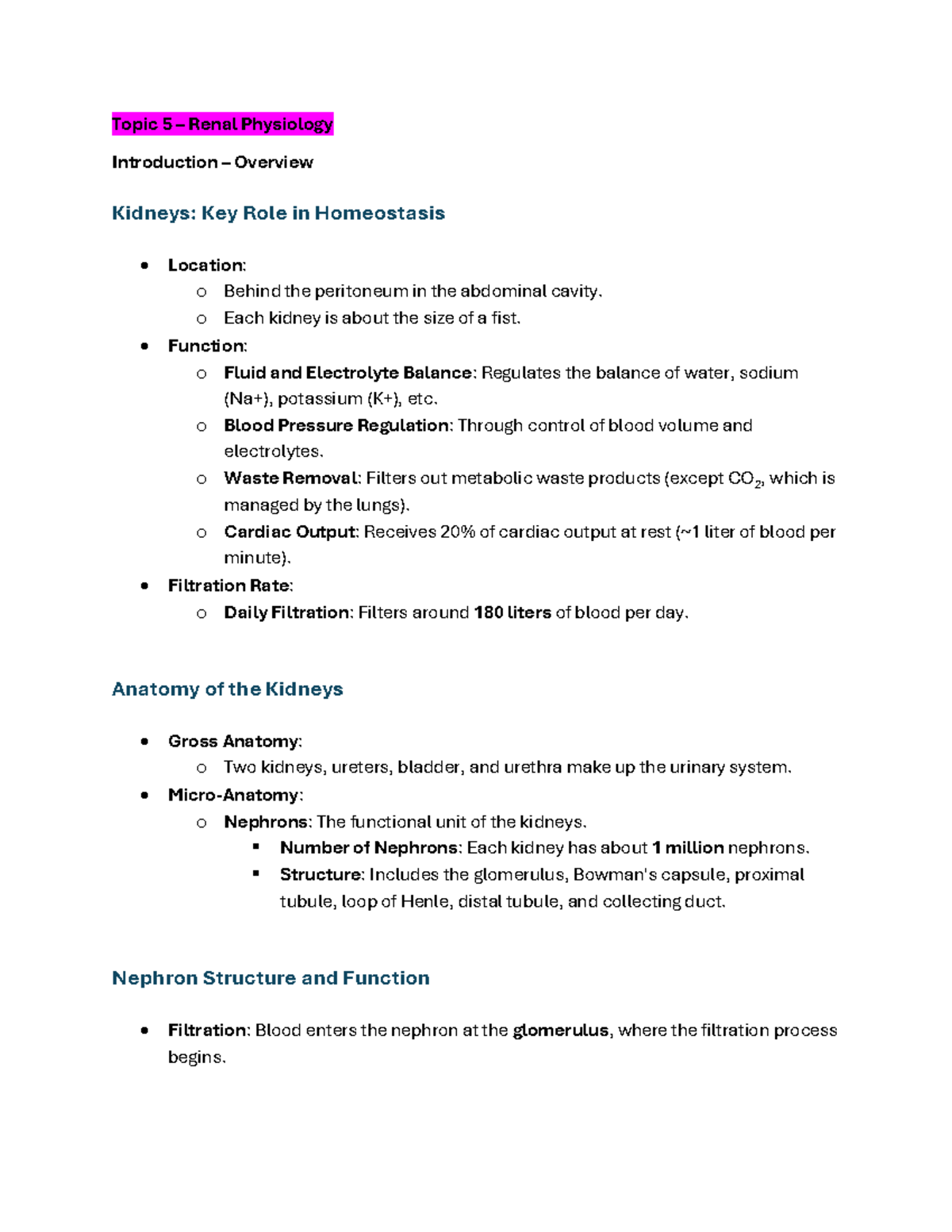 Topic 5 Notes - Summary Human Physiology 101 - Topic 5 – Renal ...