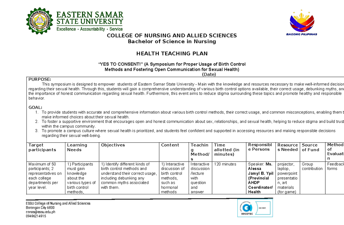 Health Teaching Plan: Birth Control & Sexual Health Symposium (BSN 4B ...
