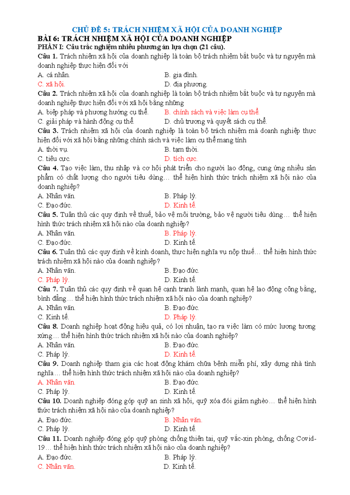 Bộ Câu Hỏi Trắc Nghiệm: Trách Nhiệm Xã Hội Doanh Nghiệp - K12 - Studocu