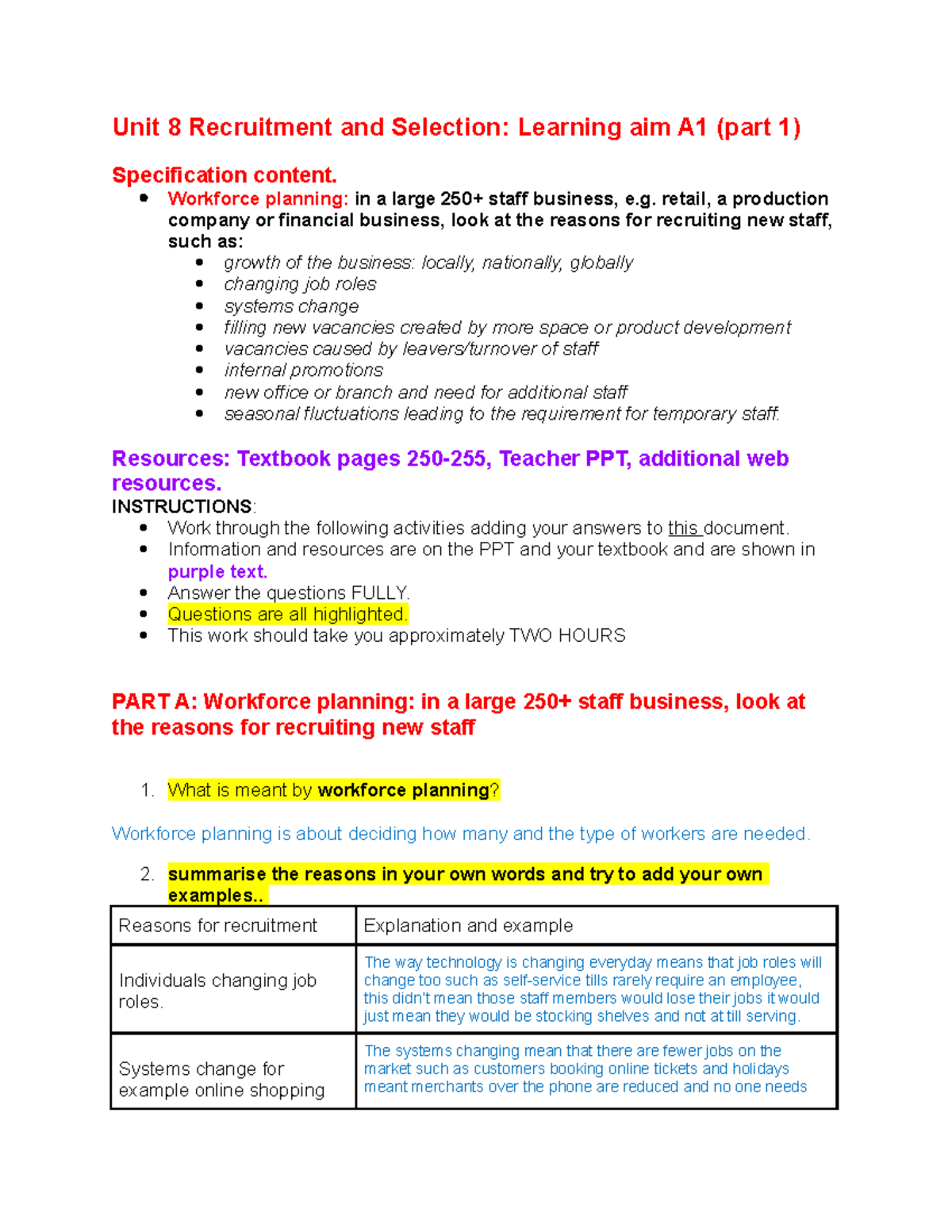Unit 8 Recruitment and Selection: Learning Aim A - Completed Worksheets ...