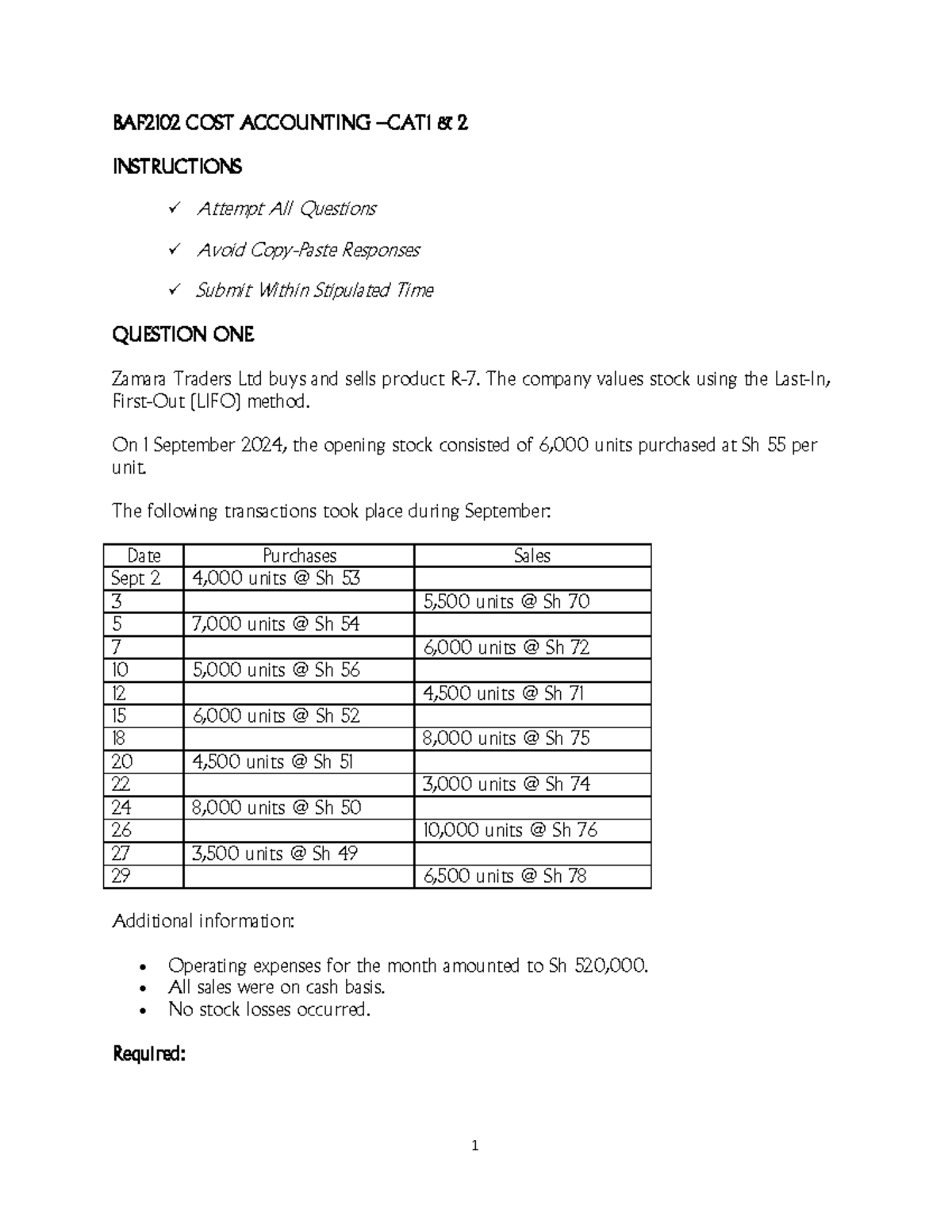 BAF2102 COST ACCOUNTING - CAT1 Instructions & Questions Analysis - Studocu