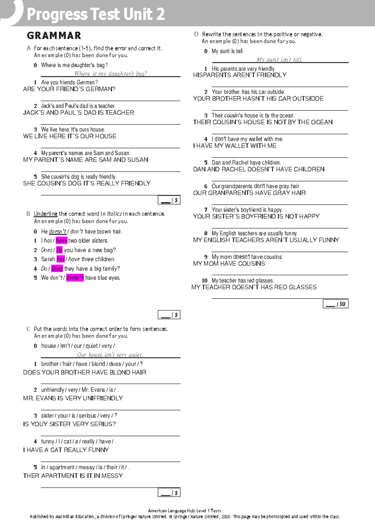 ALH L1 Progress Test Unit 2 - Grammar & Vocabulary Practice - Studocu