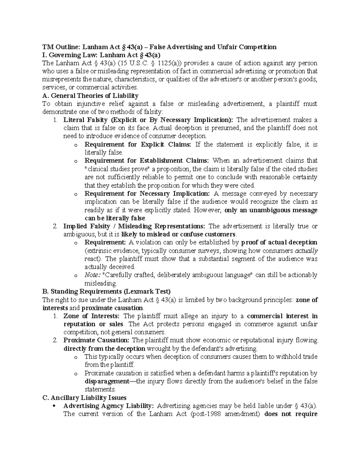 TM Outline: Understanding Lanham Act 43(a) on False Advertising - Studocu