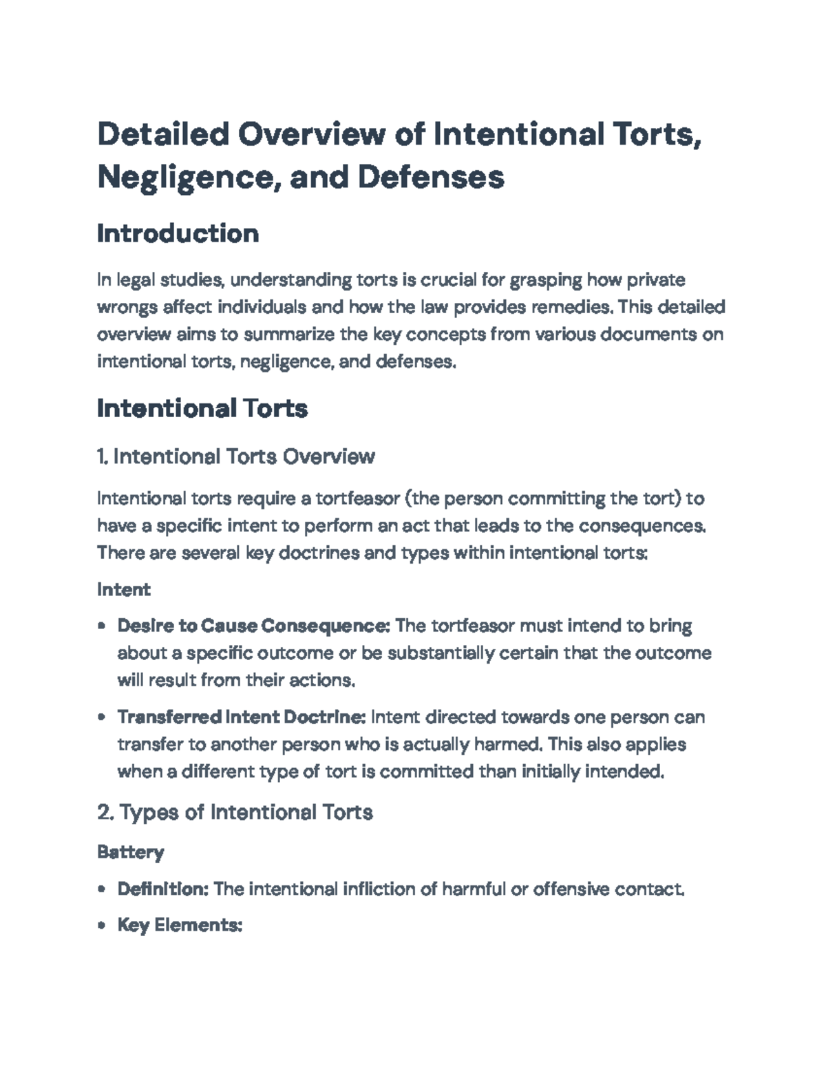 Detailed Overview of Intentional Torts, Negligence, and Defenses - LAW ...