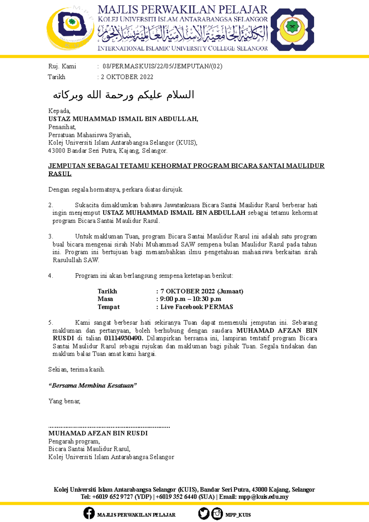 Template Surat Jemputan untuk Program Bicara Santai Maulidur Rasul ...