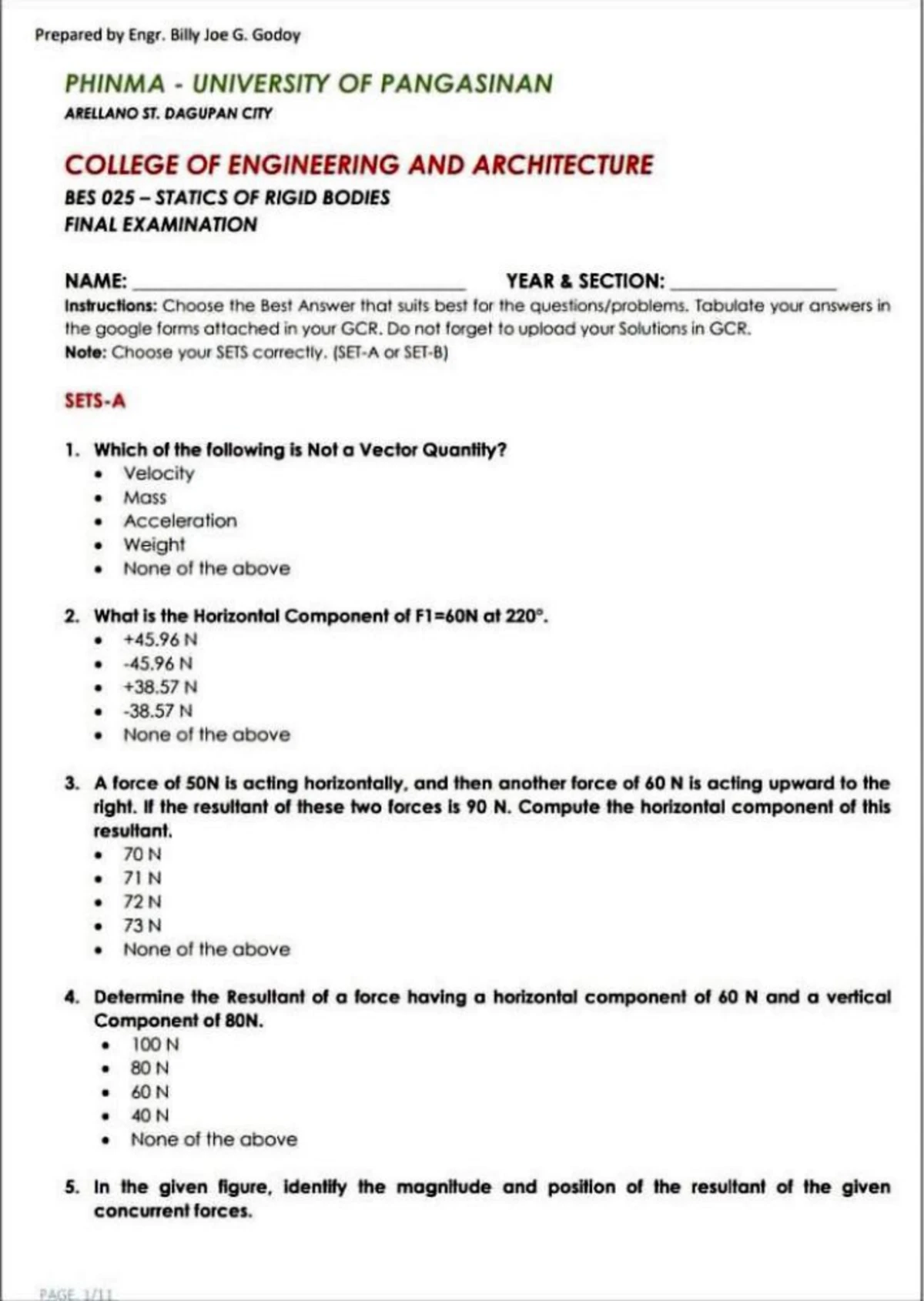BES 025 Statics of Rigid Bodies Final Exam Review Materials - Studocu