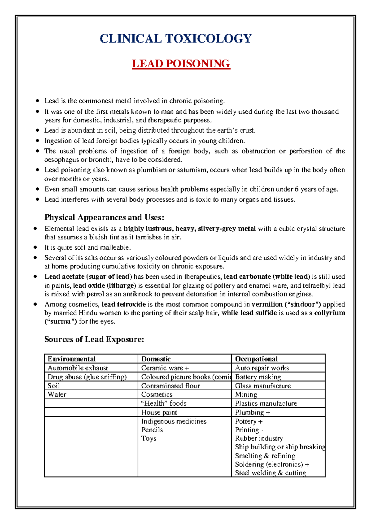 CLINICAL TOXICOLOGY: LEAD POISONING OVERVIEW AND MANAGEMENT - Studocu