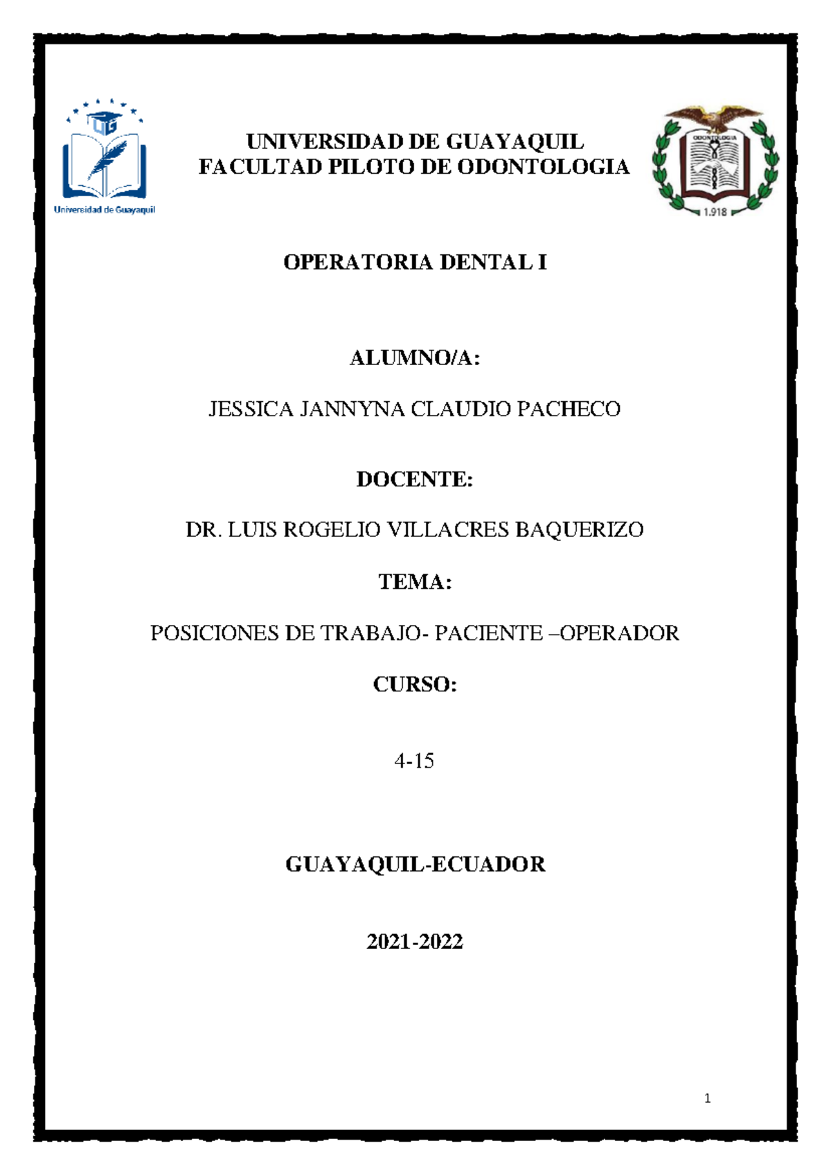 Posiciones de Trabajo del Paciente y Operador en Operatoria Dental I ...