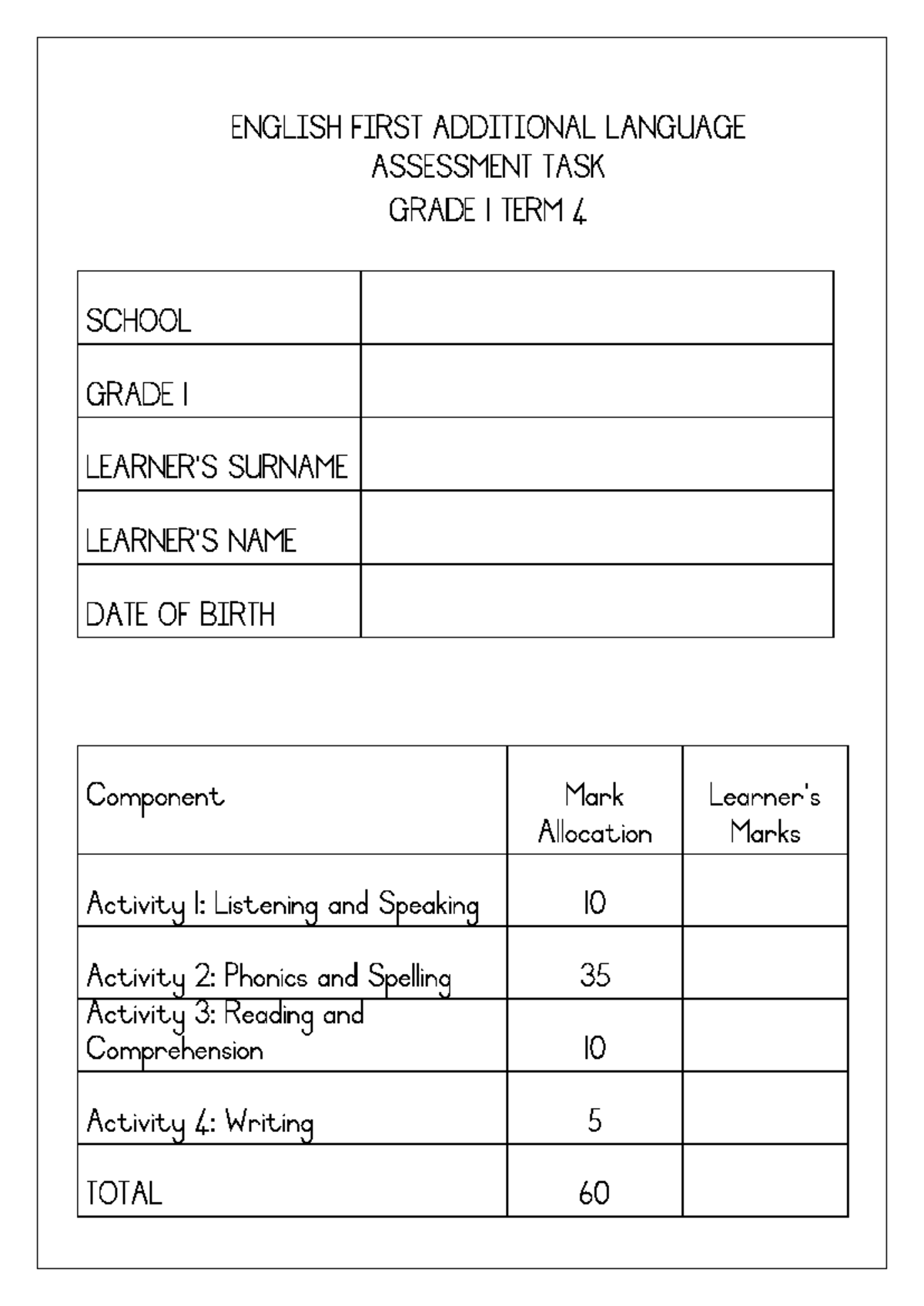 Assessment Task: English First Additional Language Grade 1 Term 4 - Studocu