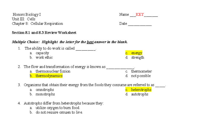 Honors Biology HW-8.1 & 8.3 Review Worksheet Answer Key - Studocu