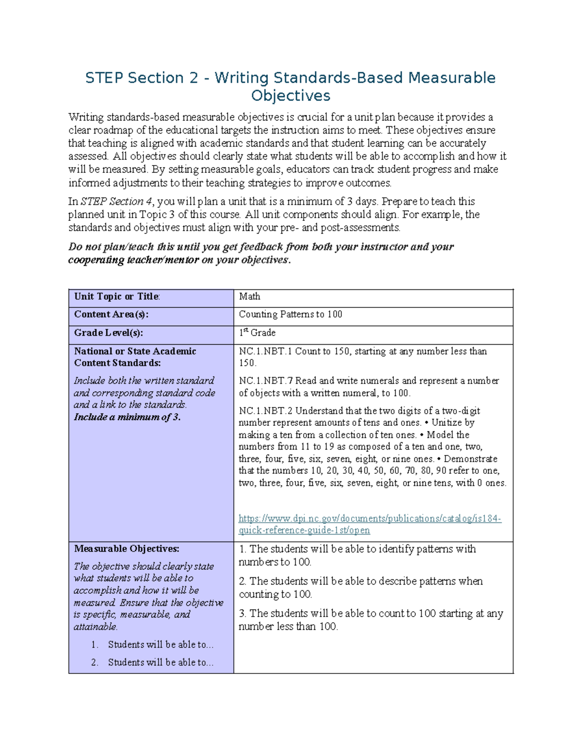 STEP Section 2 - Measurable Objectives for 1st Grade Math Unit - Studocu