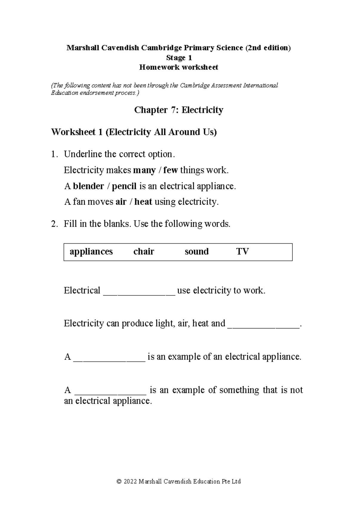 Cambridge PS 2E S1 Homework Worksheet Chapter 7: Electricity - Studocu
