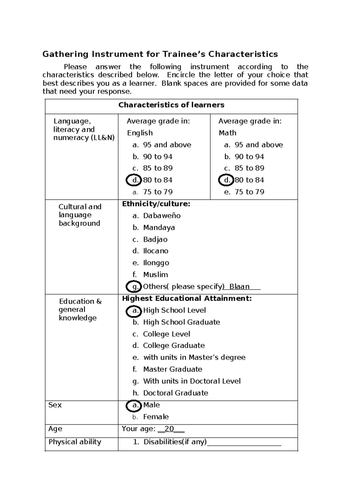3-Trainees-Characteristics - Gathering Instrument for Trainee’s ...