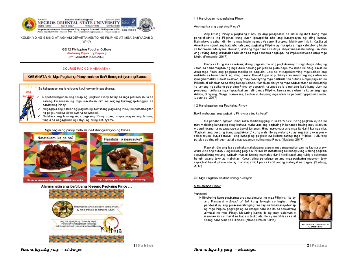 Kabanata 4: Mga Pagkaing Pinoy at Kahalagahan Nito sa Kultura (GE 12) - Studocu