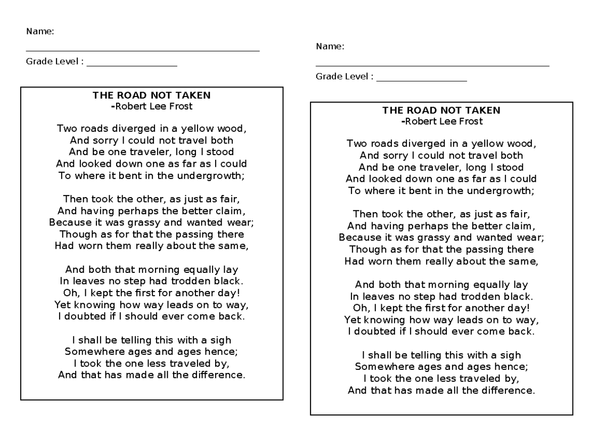 Activity on Elements of Poetry 7: The Road Not Taken by Lee Frost - Studocu