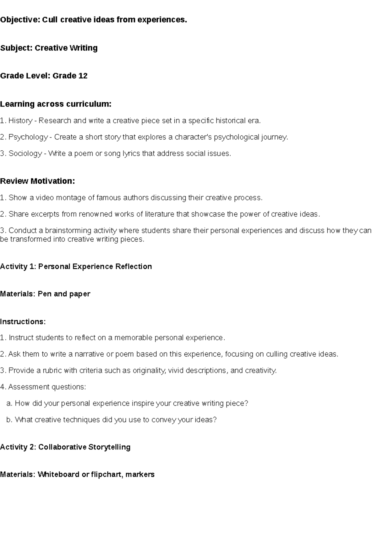 Lesson Plan: Creative Writing Techniques for Grade 12 Students - Studocu