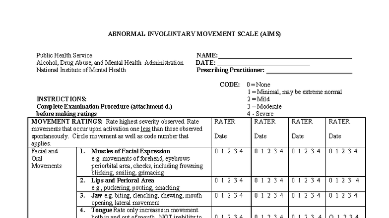 AIMS: Abnormal Involuntary Movement Scale Evaluation Guide - Studocu