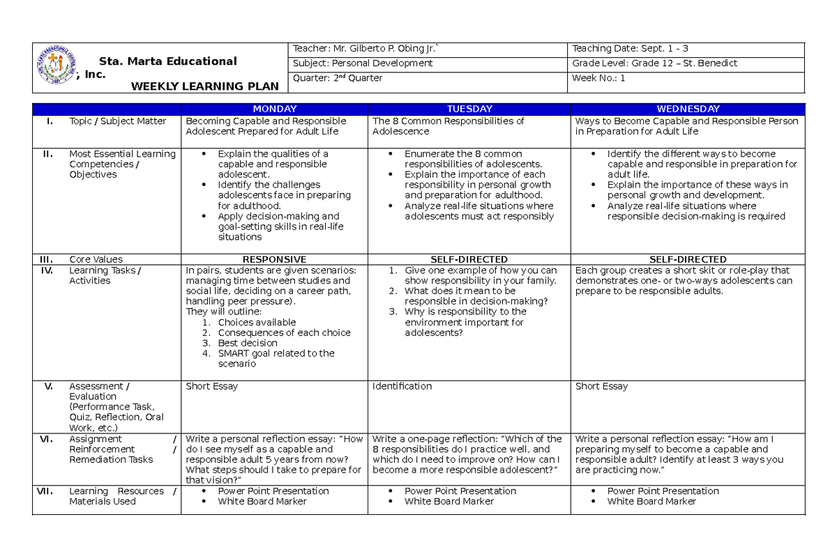 2nd Quarter Weekly Learning Plan: Personal Development for Grade 12 ...