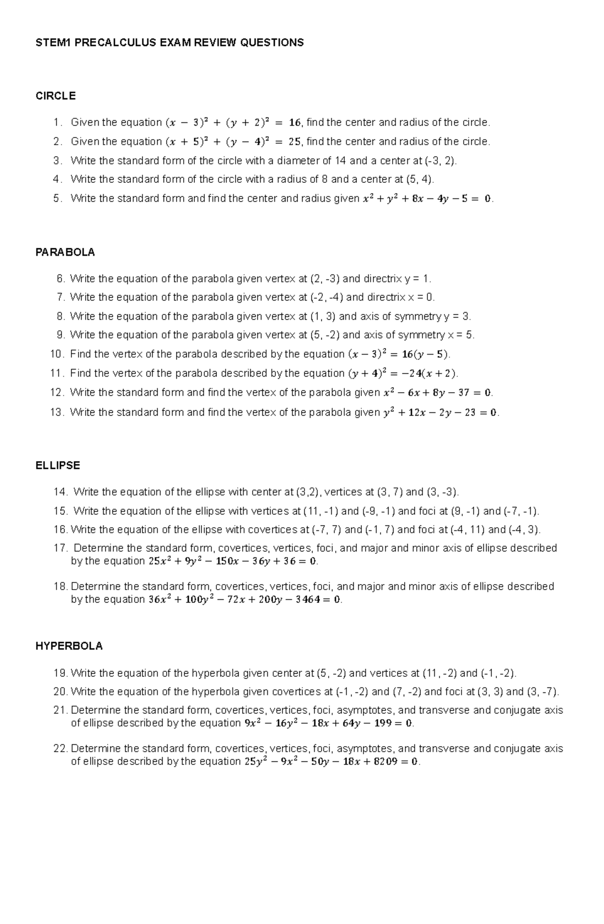 STEM1 PRECALCULUS EXAM REVIEW: CIRCLES, PARABOLAS, ELLIPSES ...