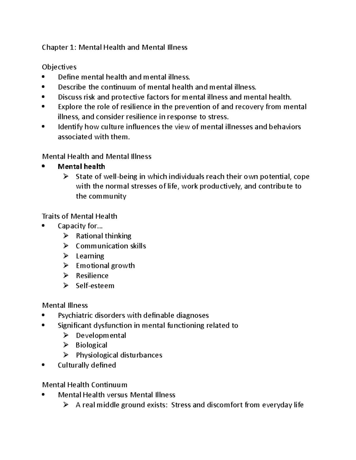 Class 1 notes - Chapter 1: Mental Health and Mental Illness Objectives ...