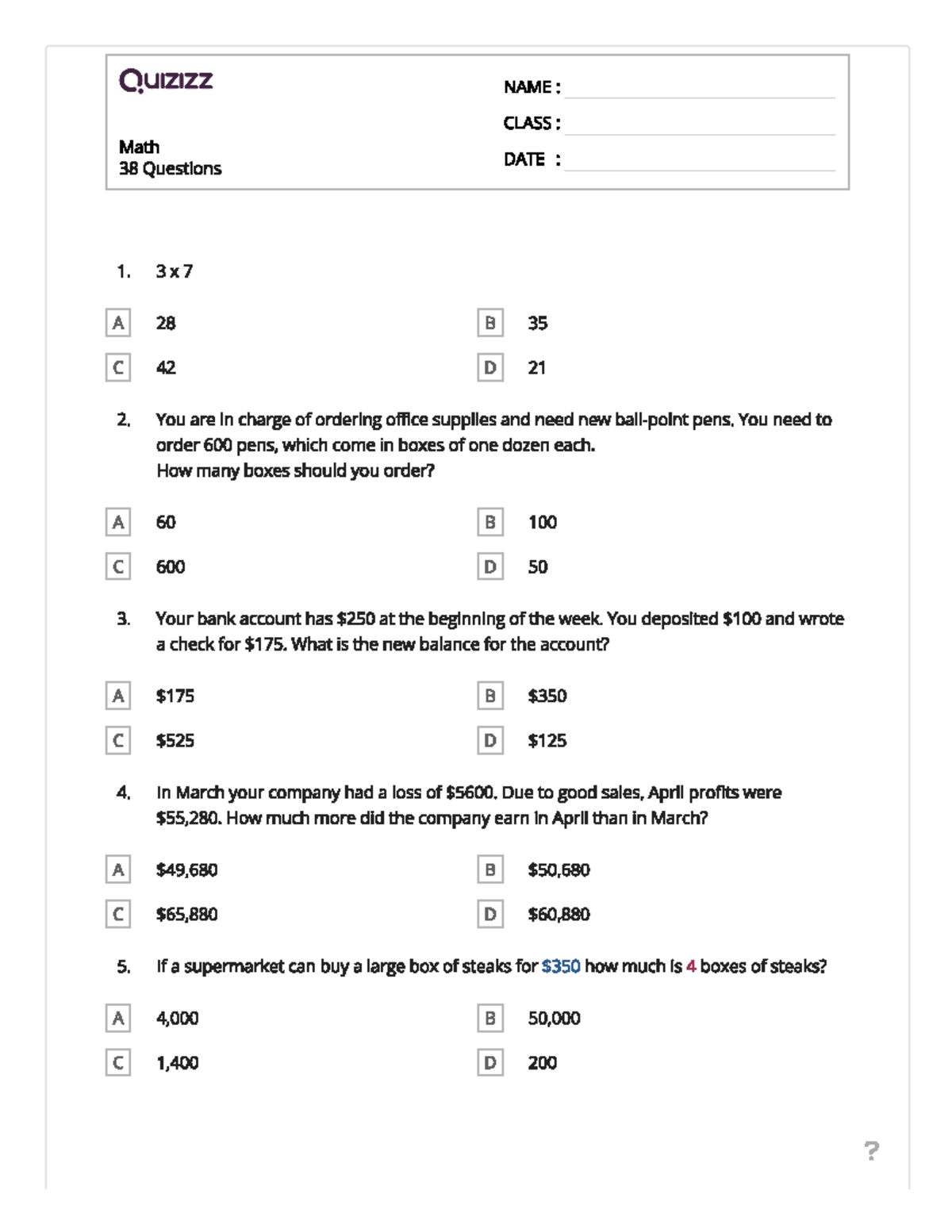 Math1 - Algebra Quiz Questions for Test Preparation - Studocu