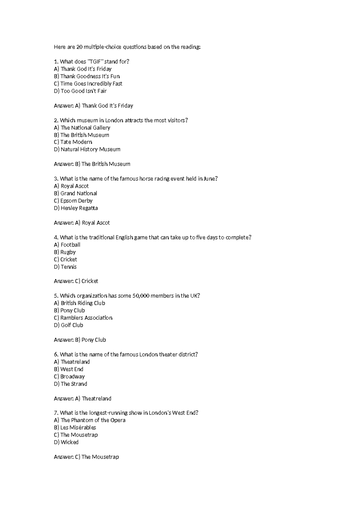 Britain Practice 2 - Answer Key for Quiz Questions - Studocu