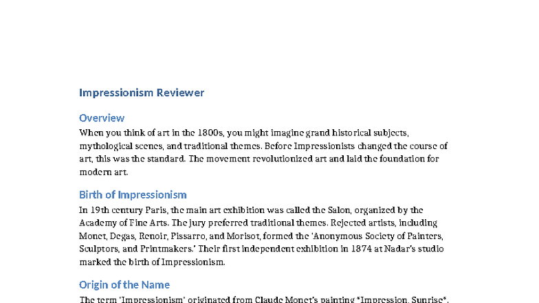 Impressionism Overview: Key Artists and Characteristics - Studocu