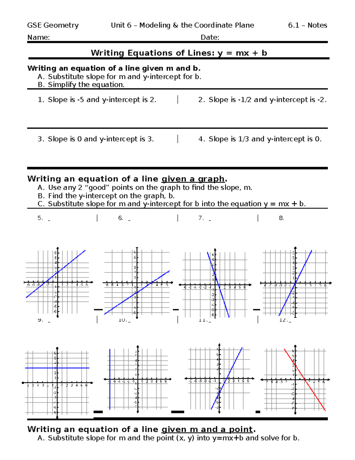 GSE Geometry Unit 6: Modeling the Coordinate Plane 6.1 Notes & Answers ...