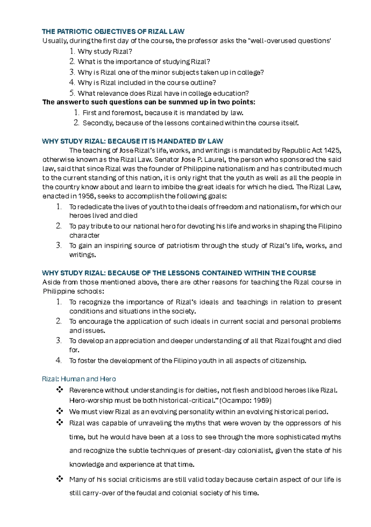 Patriotic Objectives of Rizal Law (LAW 3) - An Overview and Analysis ...