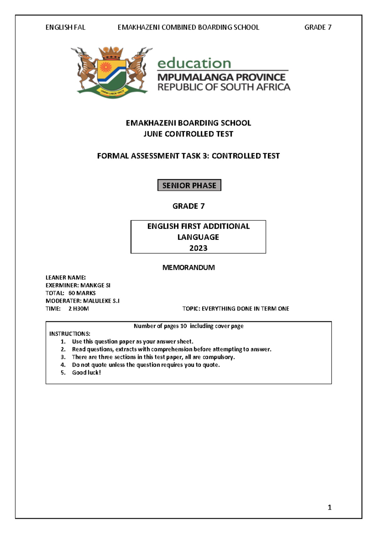 Grade 7 English First Additional Language June Controlled Test Memo ...