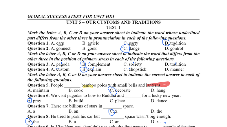 GLOBAL SUCCESS 8 TEST FOR UNIT HK1: OUR CUSTOMS AND TRADITIONS - Studocu