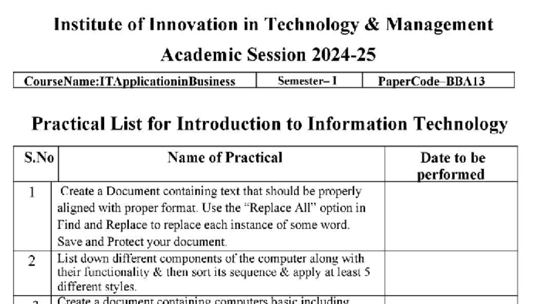 ITB 1 Practical List: Introduction to IT Applications in Business - Studocu