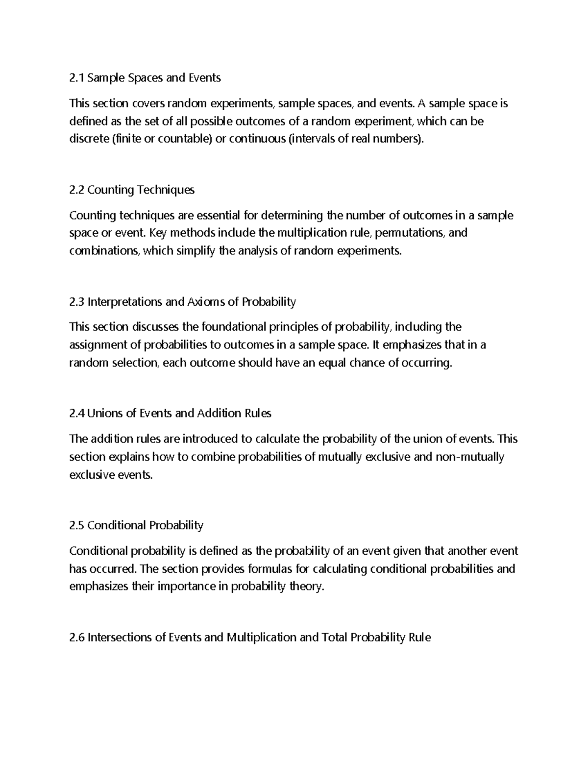 Probability Theory: Chapter 2 Summary on Sample Spaces & Events - Studocu