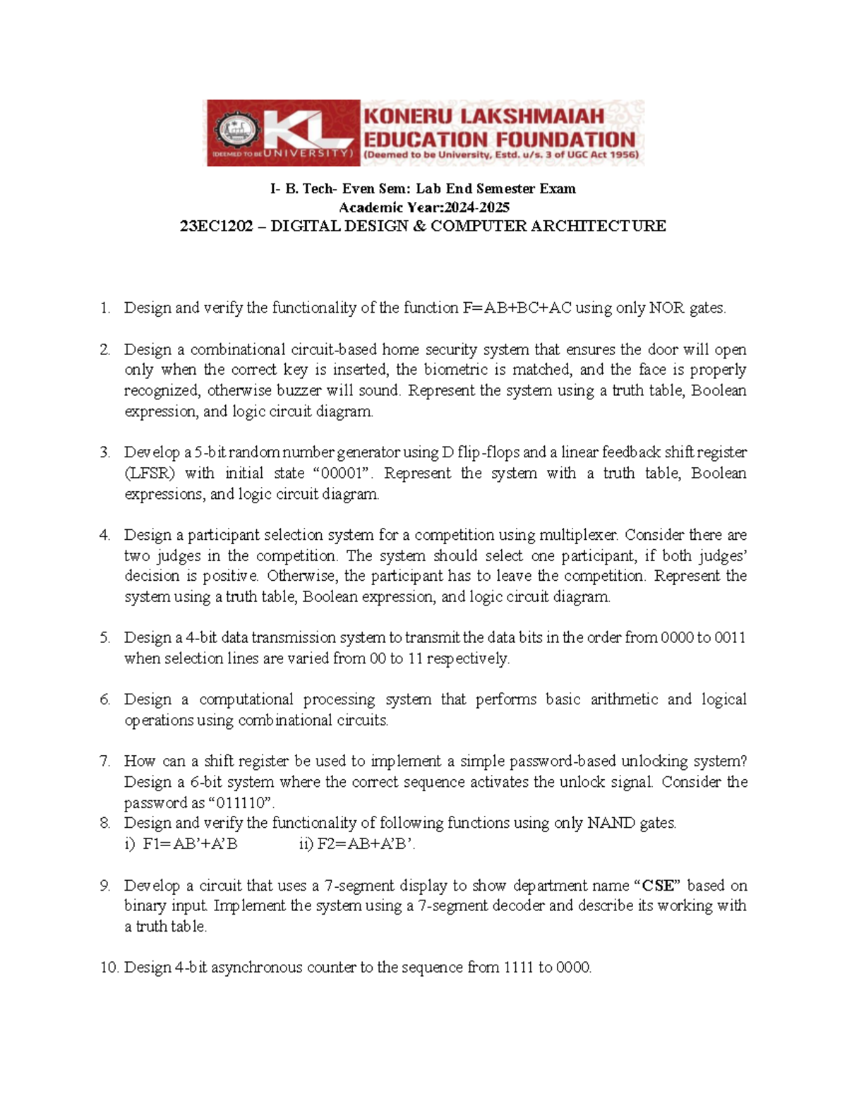 Lab Endsem Exam 23EC1202: Digital Design & Computer Architecture QP - Studocu