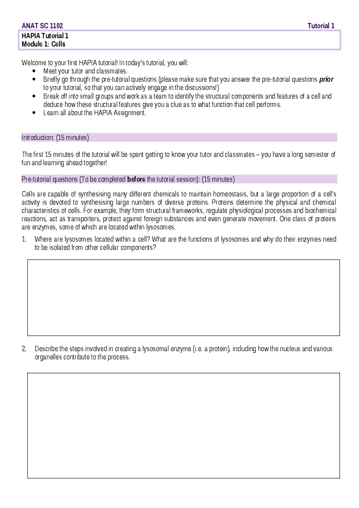 Hapia Tutorial 1 - Student Notes - HAPIA Tutorial 1 Module 1: Cells ...