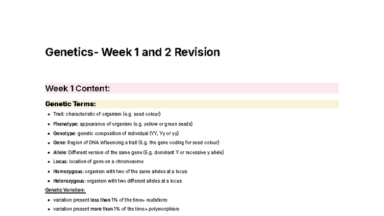 Week 1 & 2 Revision Notes: Genetics & Inheritance Concepts - Studocu