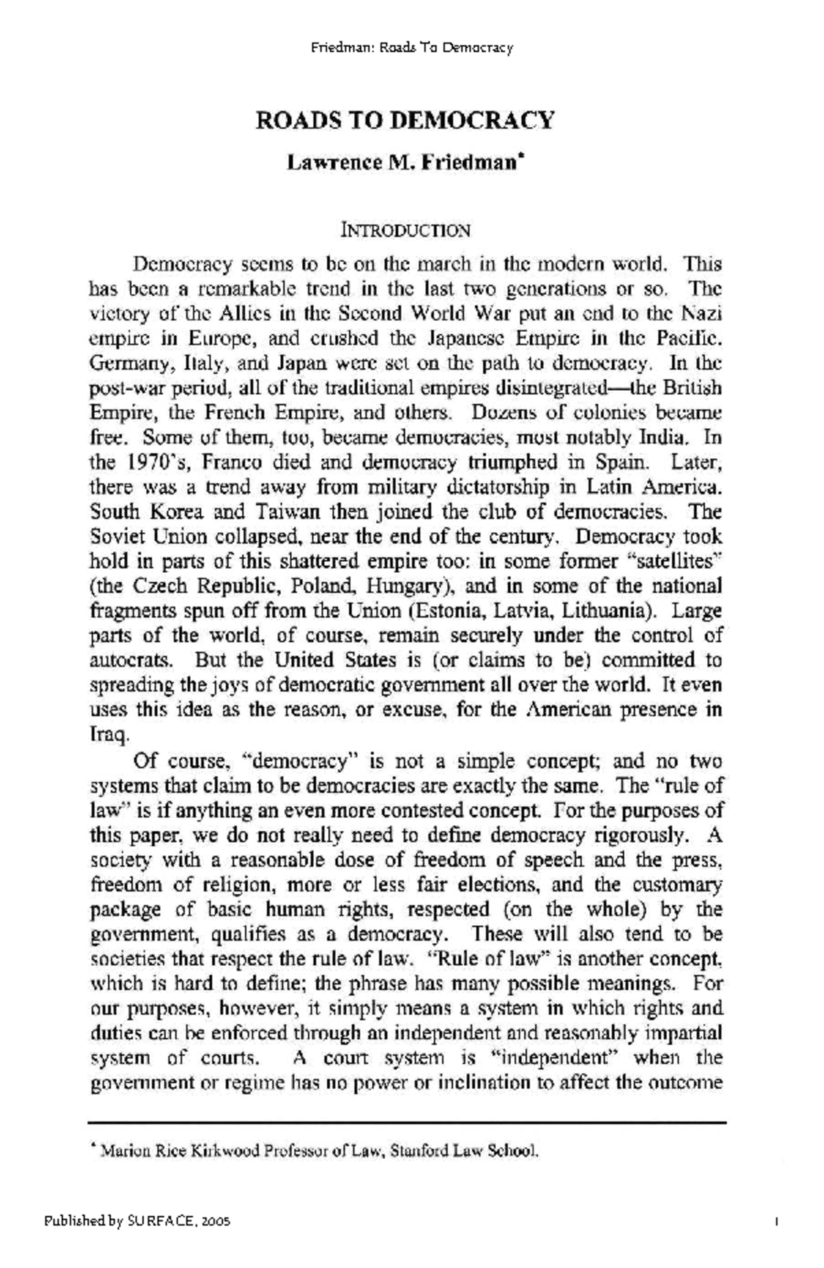 Friedman: Roads to Democracy - Analyzing Global Democratic Trends - Studocu