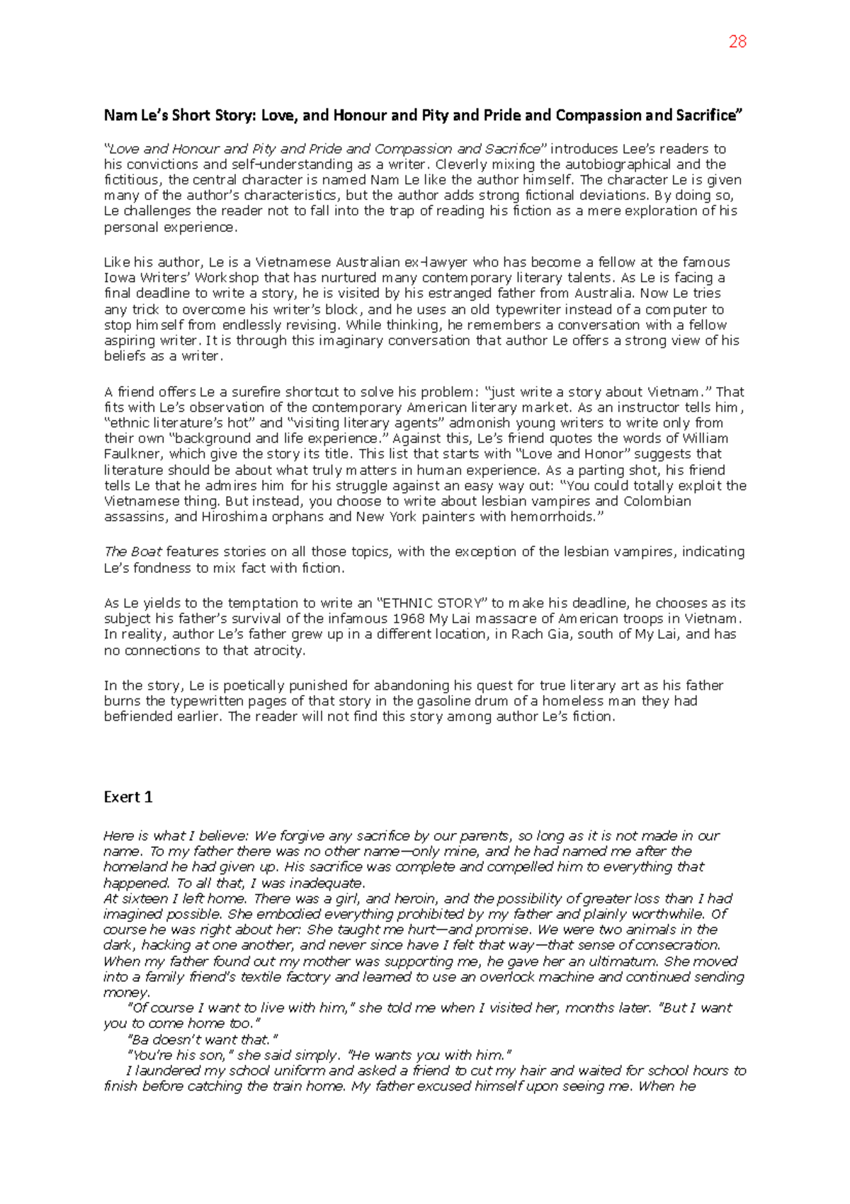 Analysis of Nam Le's Short Story: Love and Honour - Studocu