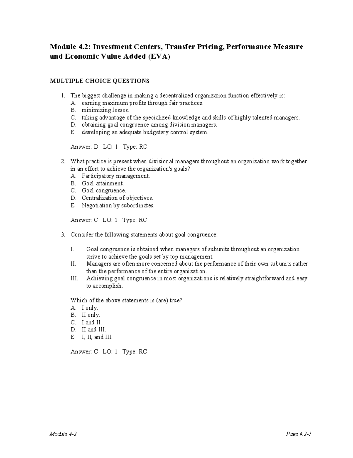 Module 4.2 Investment Centers, Transfer Pricing and EVA Learning ...