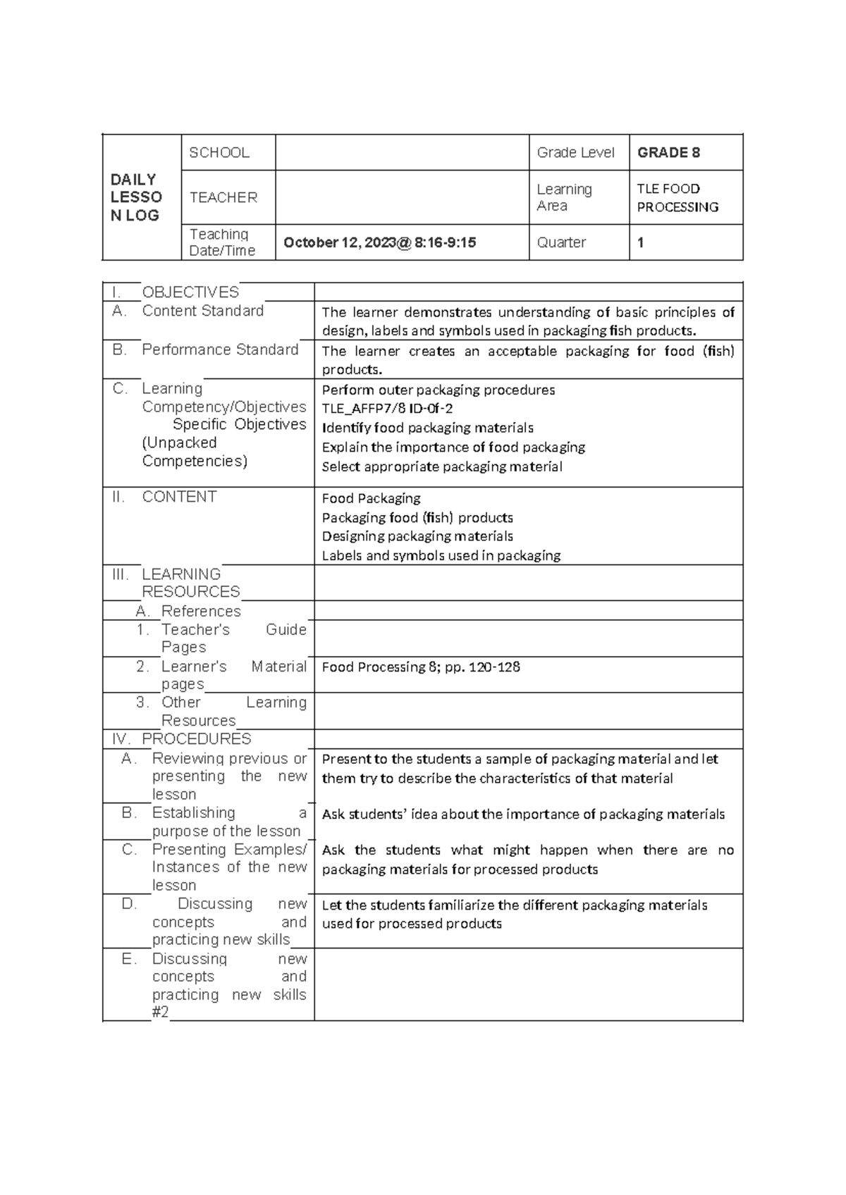 DAILY LESSON LOG: GRADE 8 TLE FOOD PROCESSING - PACKAGING - Studocu