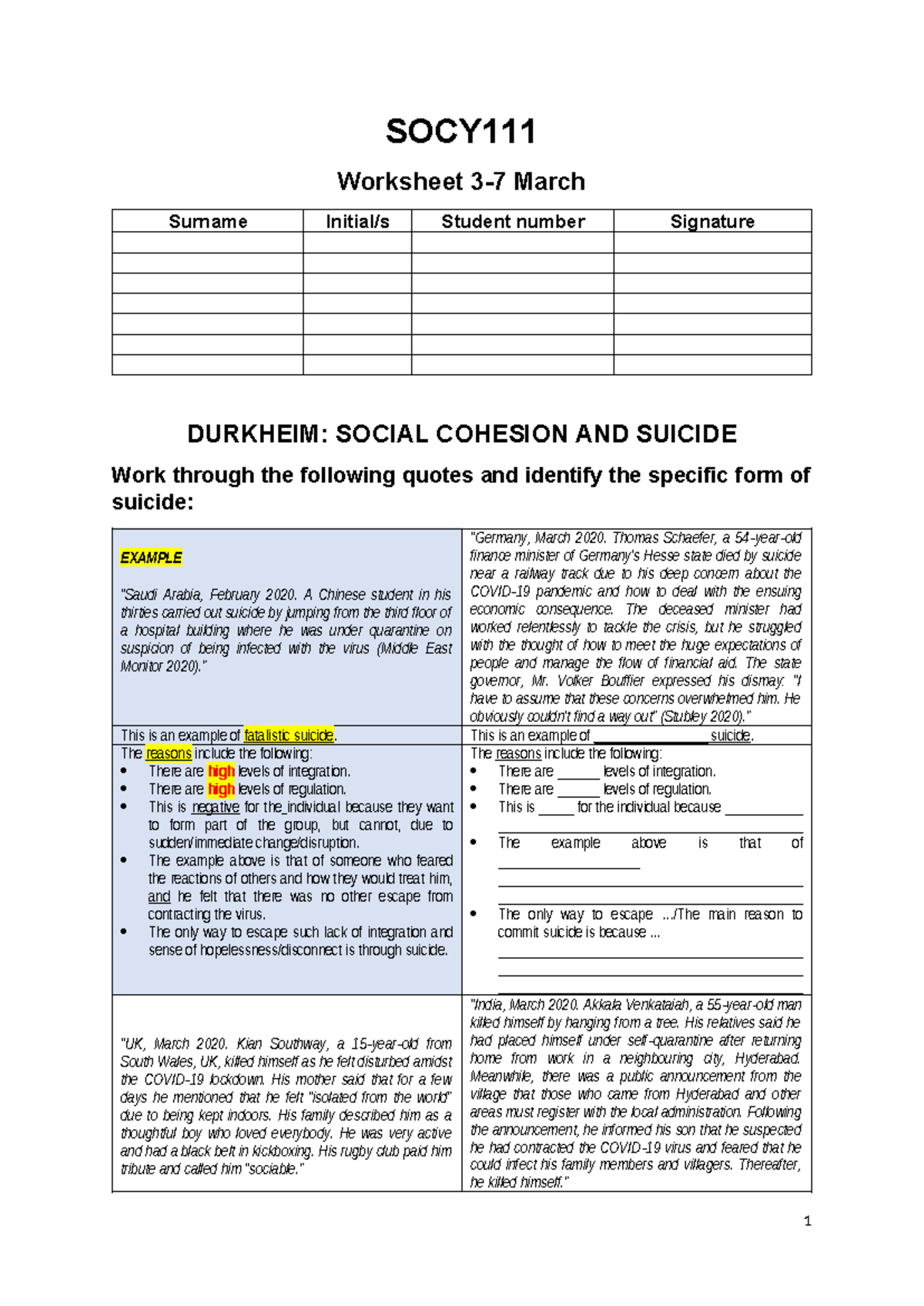 SOCY111: Worksheet on Durkheim's Theory of Social Cohesion & Suicide ...