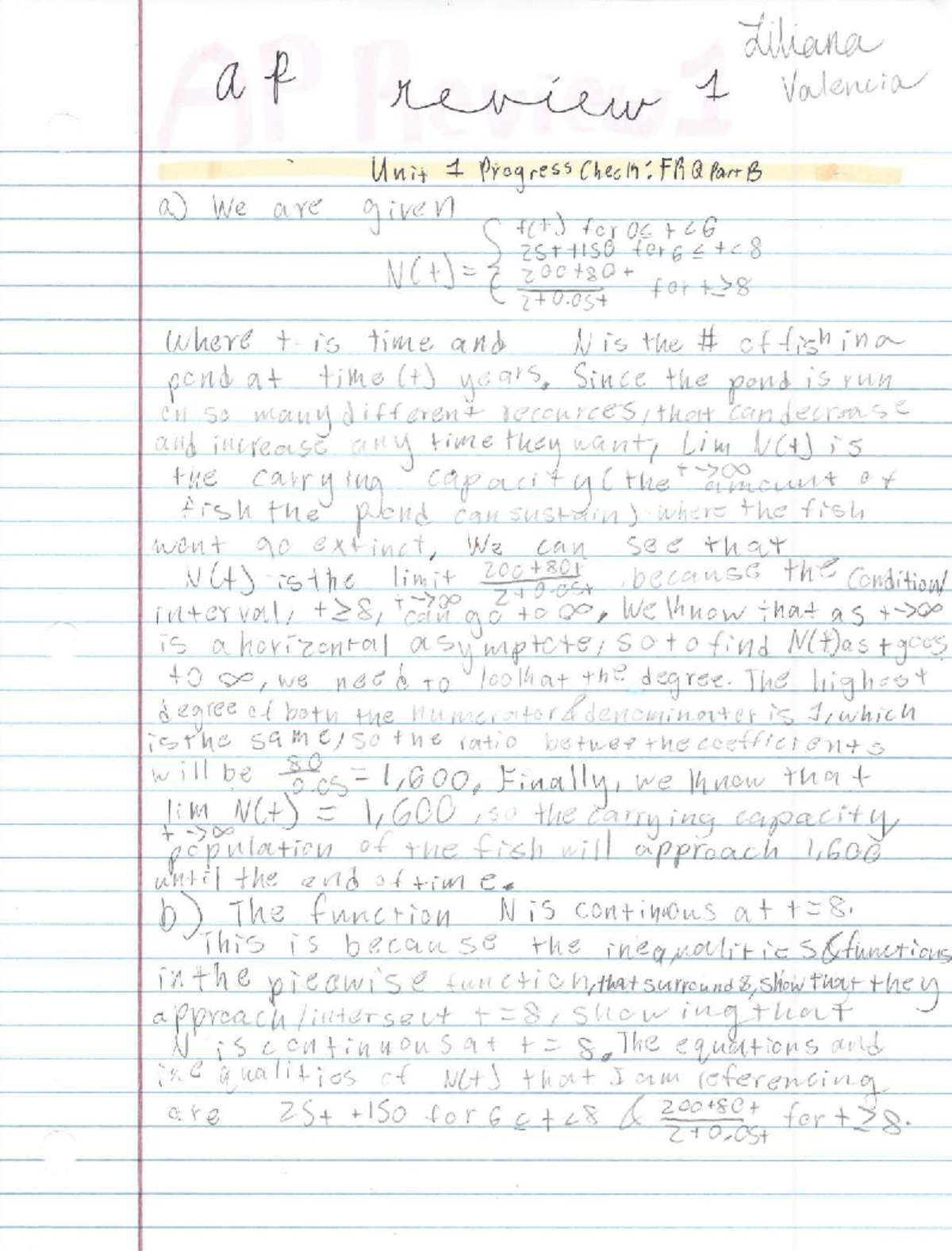 Calculus AP Review: Unit 1 Progress Check FRQ Part B - Studocu
