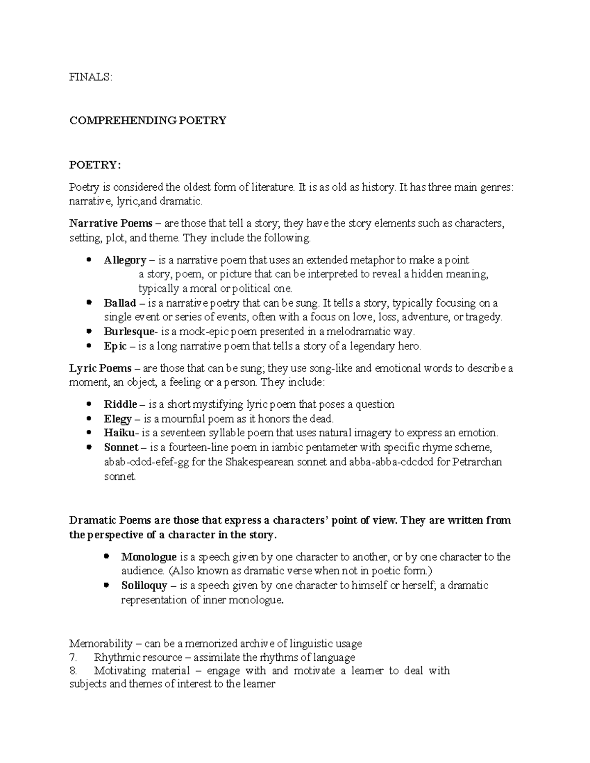 Topic 1 Final Comprehending Literature - FINALS: COMPREHENDING POETRY ...
