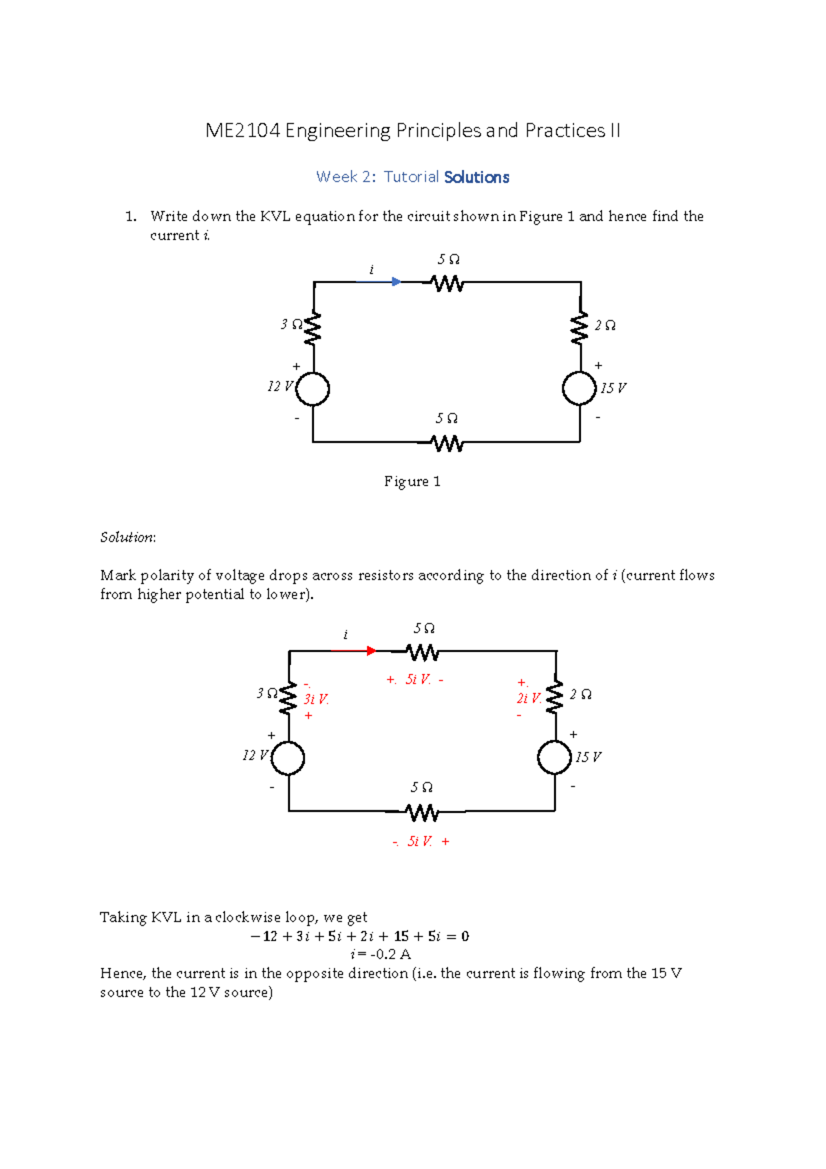 ME2104 Week 2 Tutorial Solutions on KVL and Voltmeter Readings - Studocu