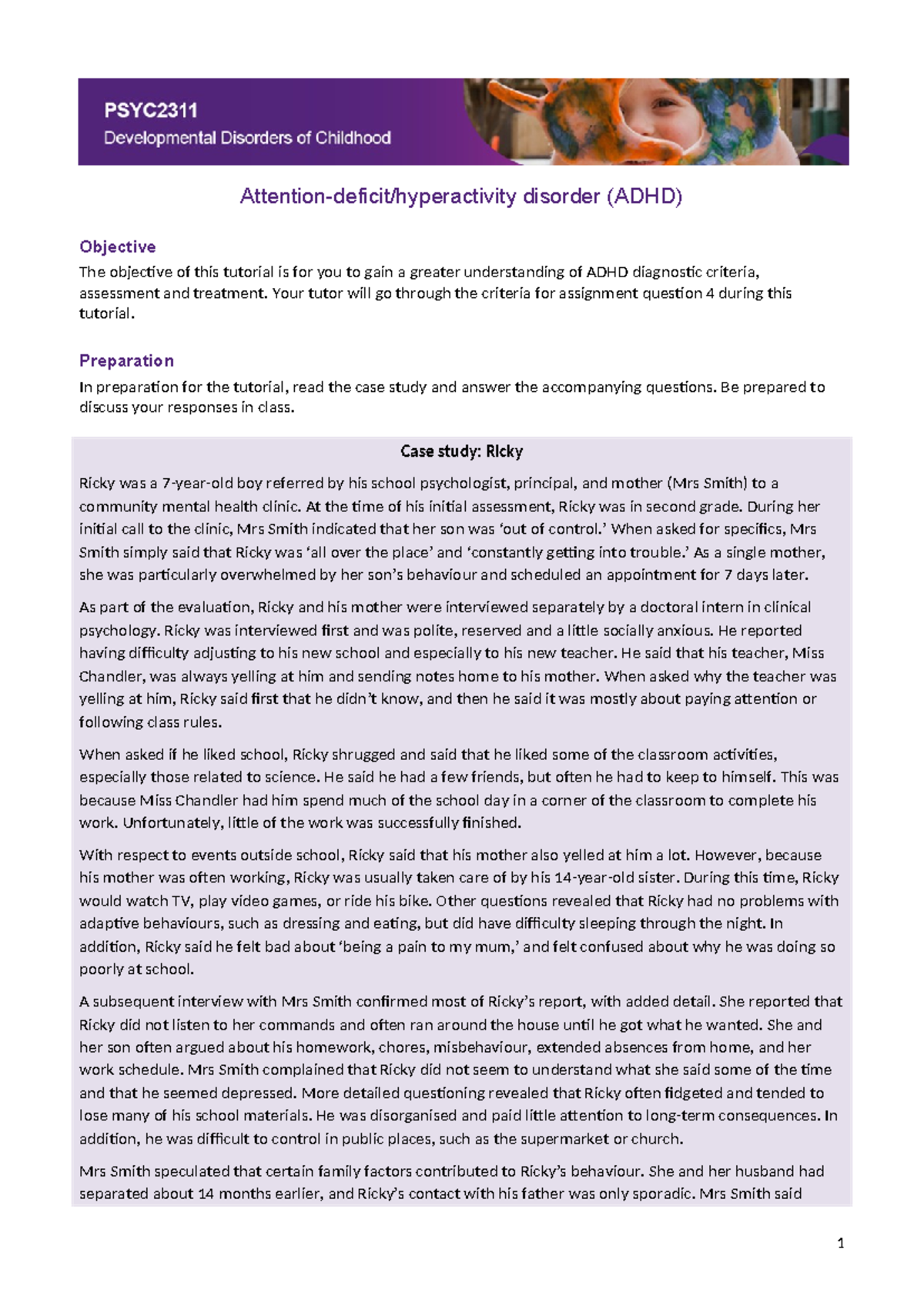 PSYC2311 Tutorial Worksheet - Attention-deficit hyperactivity disorder ...