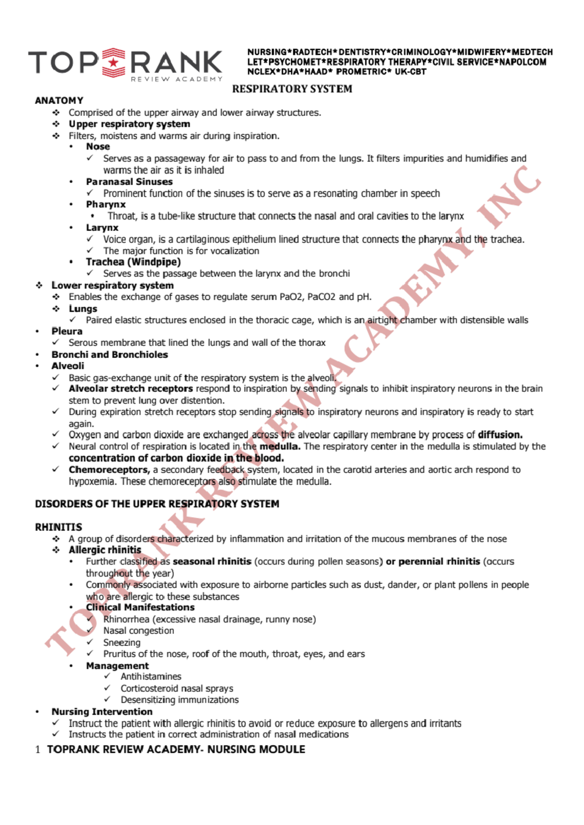 TOP RANK CIVIL NAPOLCOM REVIEW ACADEMY: RESPIRATORY SYSTEM NOTES - Studocu