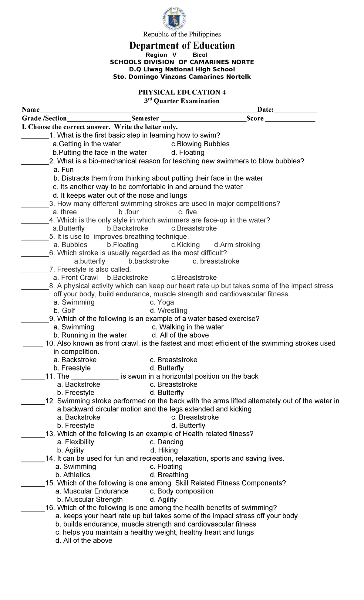 2ND Quarter PE 4 Final Examination - ll Republic of the Philippines Department of Education ...
